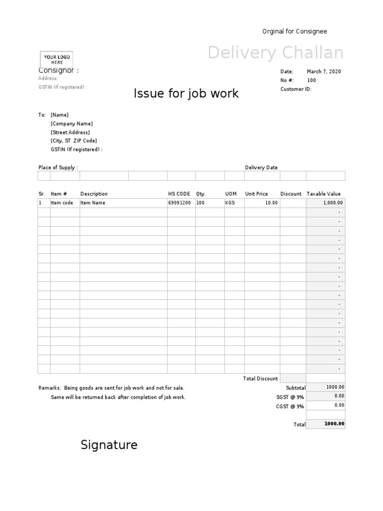 Job Work Delivery Challan Template | PDF | Business | Market (Economics)