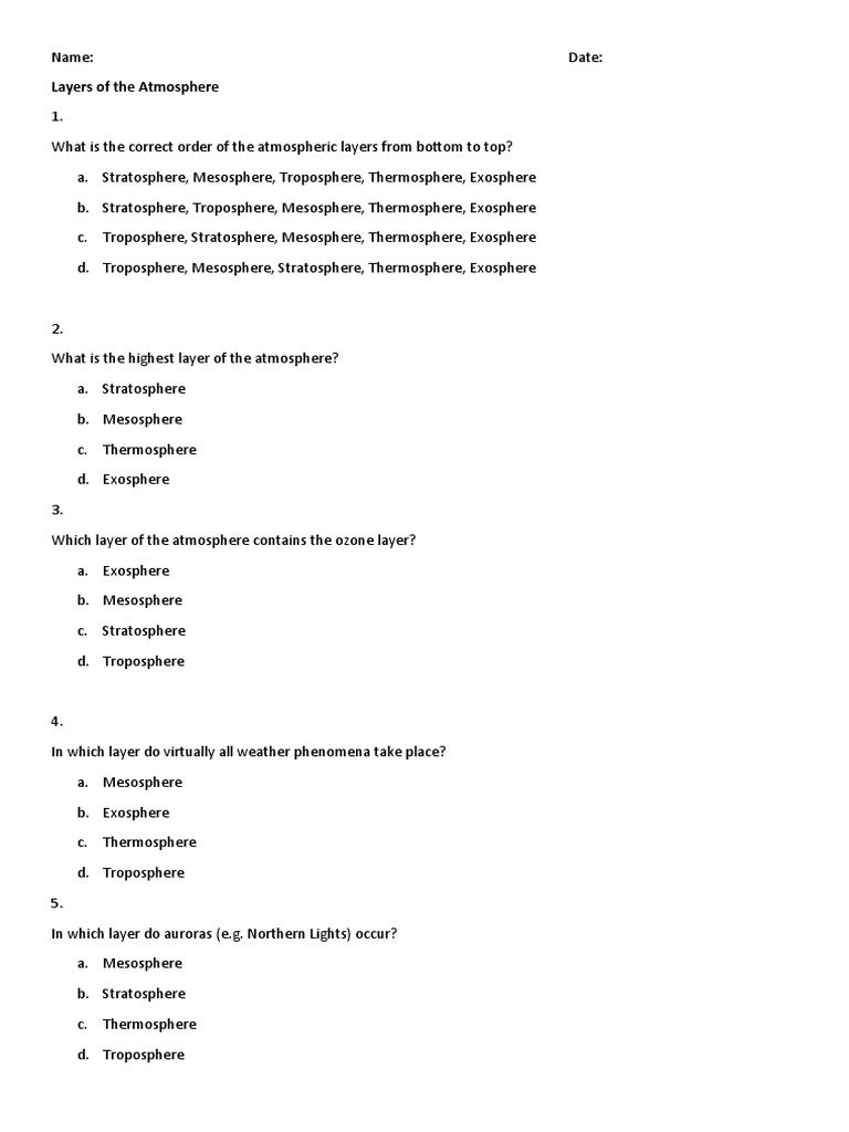 Atmospheric Layers Quiz Guide | PDF | Science & Mathematics