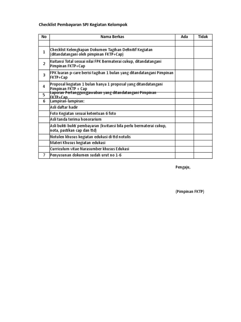Checklist SPJ Kegiatan Kelompok | PDF