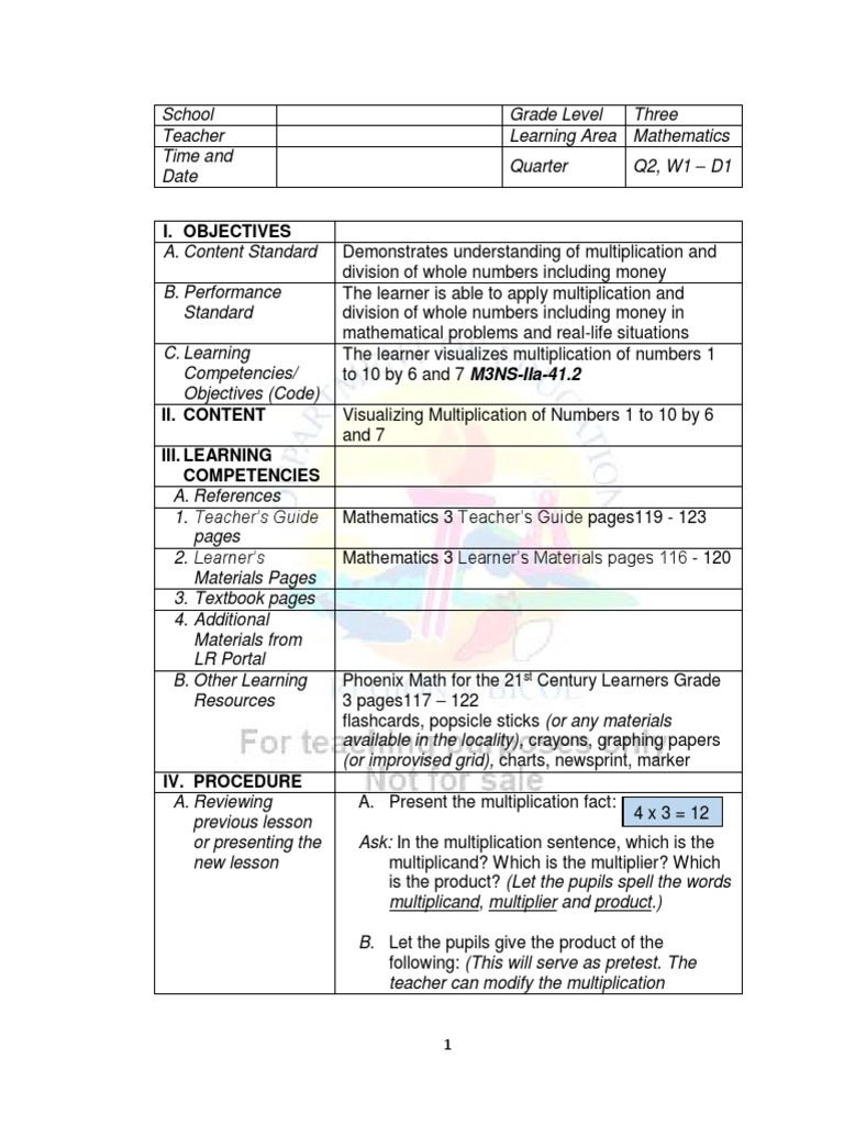 Contextualized Dlp In Math 3 Q2 W1 Pdf Multiplication Rubric
