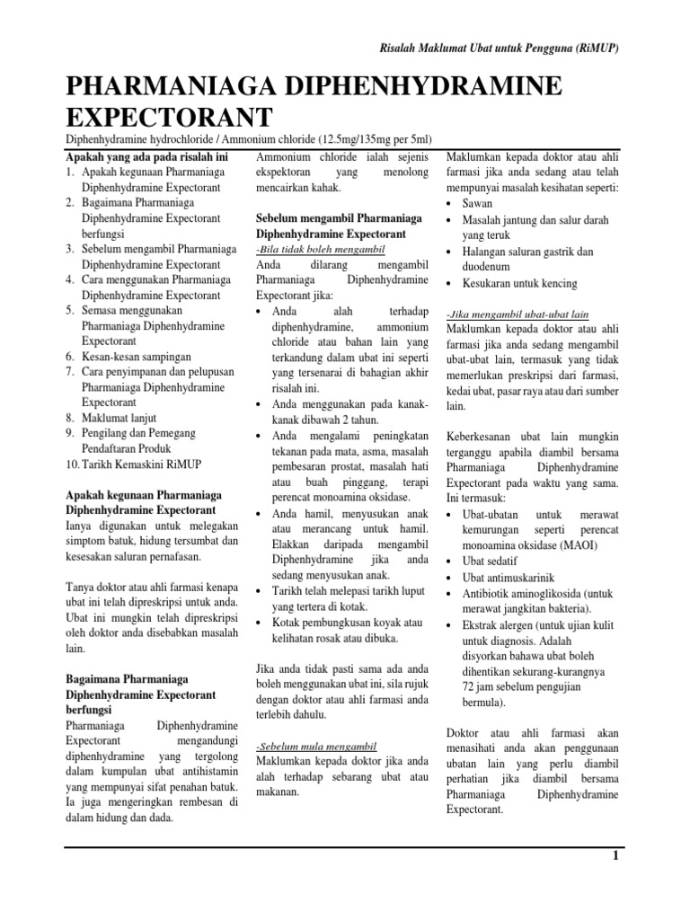 Pharmaniaga Diphenhydramine Expectorant Diphenhydramine Hydrochloride PHARMANIAGA MANUFACTURING ...