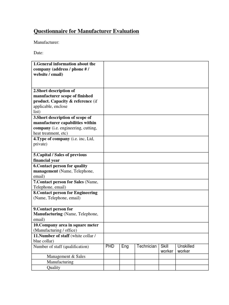 Questionnaire For Manufacturer Evaluation-Generic | PDF | Quality ...