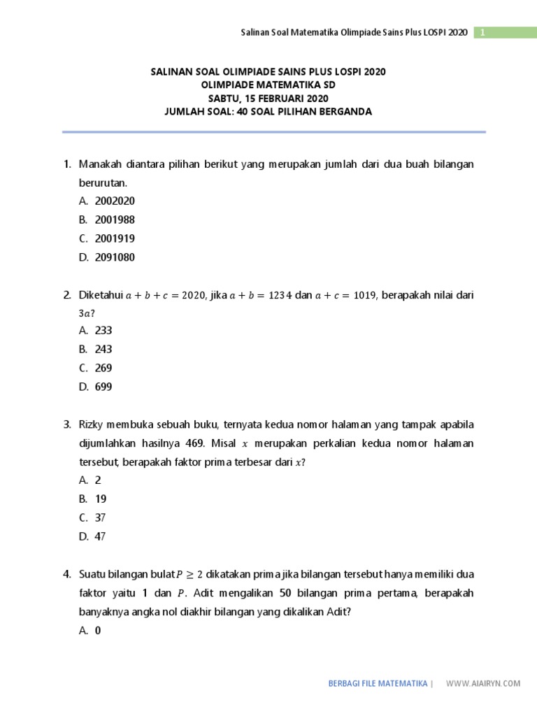 Salinan Soal Matematika OSP LOSPI SD 2020 | PDF
