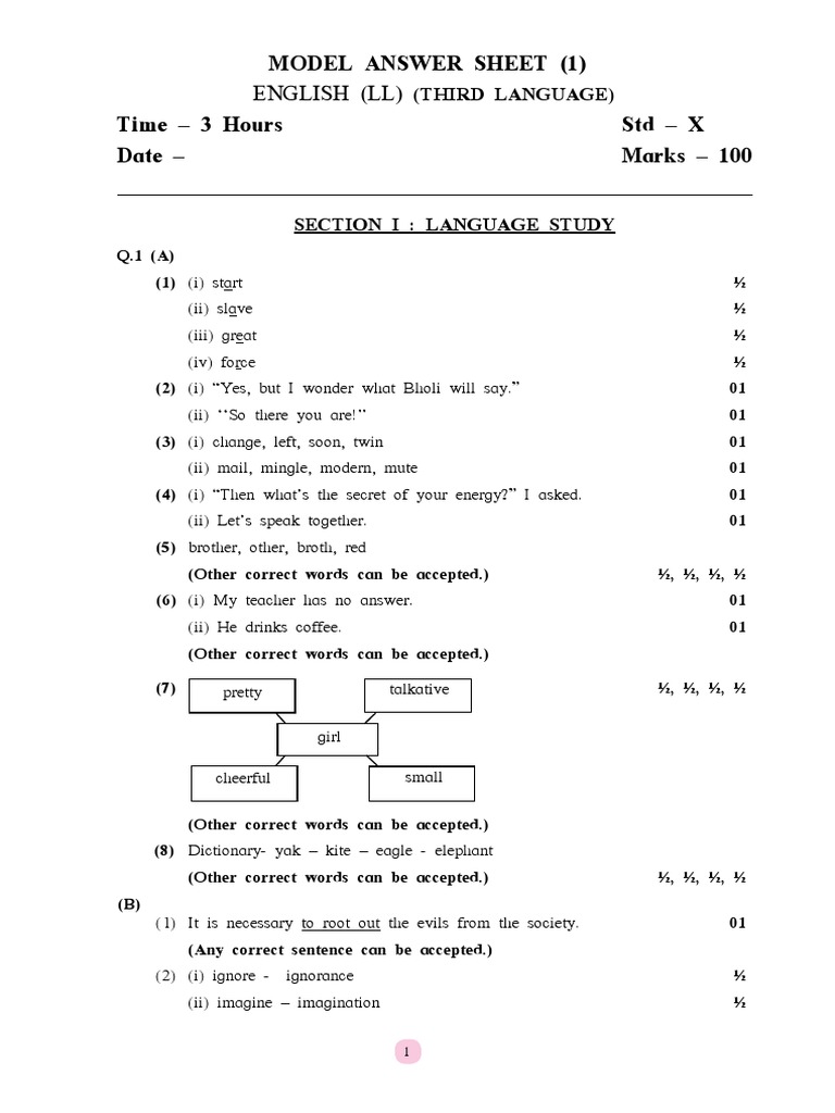 10th English Model Answer Sheet | PDF | Nonverbal Communication ...
