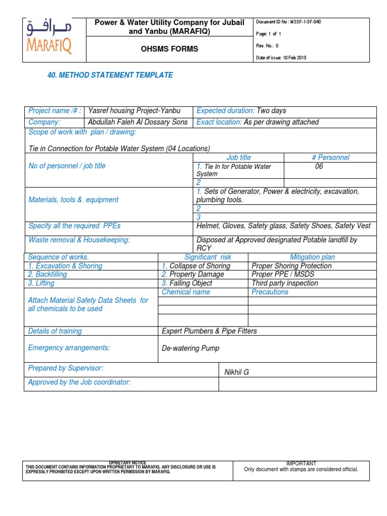 Potable Water System Method Statement | PDF | Plumbing | Personal ...