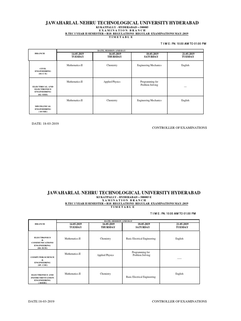 B.Tech I - II R18 TimeTable May - 2019 | PDF | Engineering | Electrical Engineering