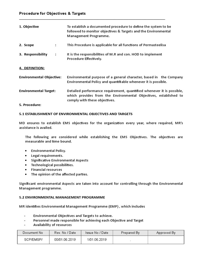 Procedure For Objectives and Targets | PDF | Environmental Policy ...