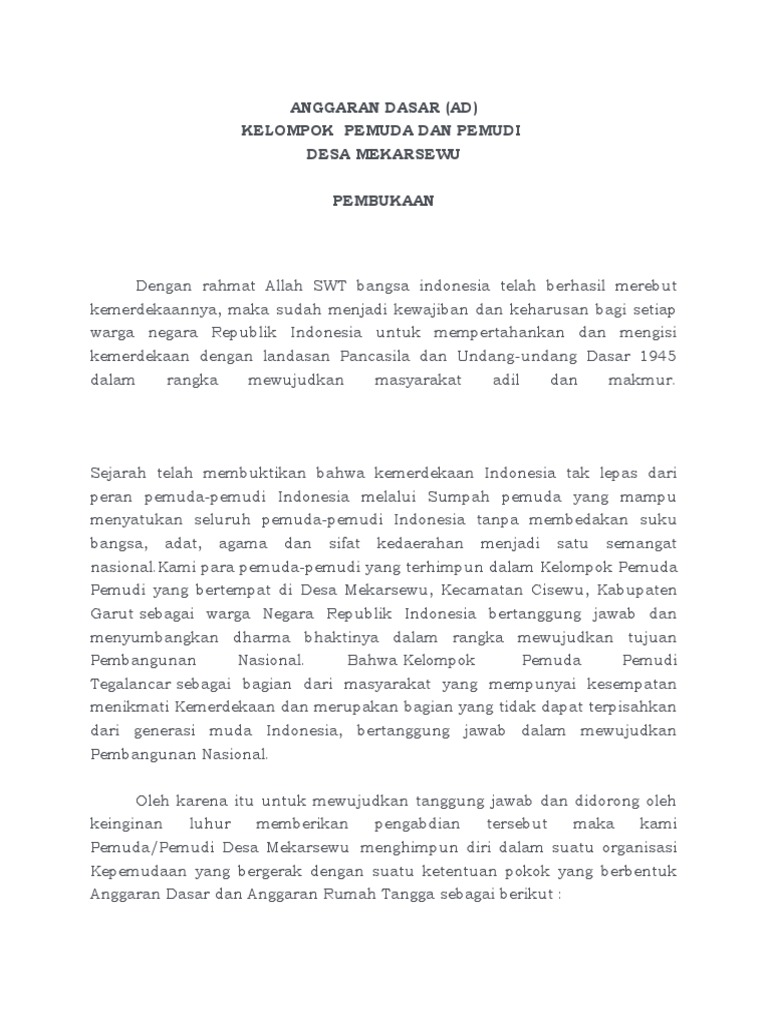 Contoh Kerangka Ad Dan Art Organisasi Kepemudaan | PDF