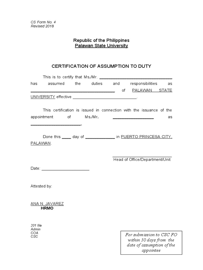 CS Form No. 4 Certification of Assumption To Duty | PDF