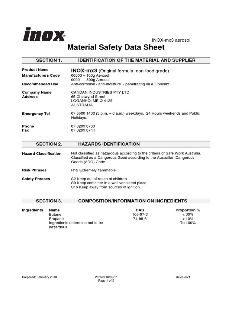 INOX-mx3 Aerosol Safety Data Sheet | PDF | Fires | Carbon Dioxide