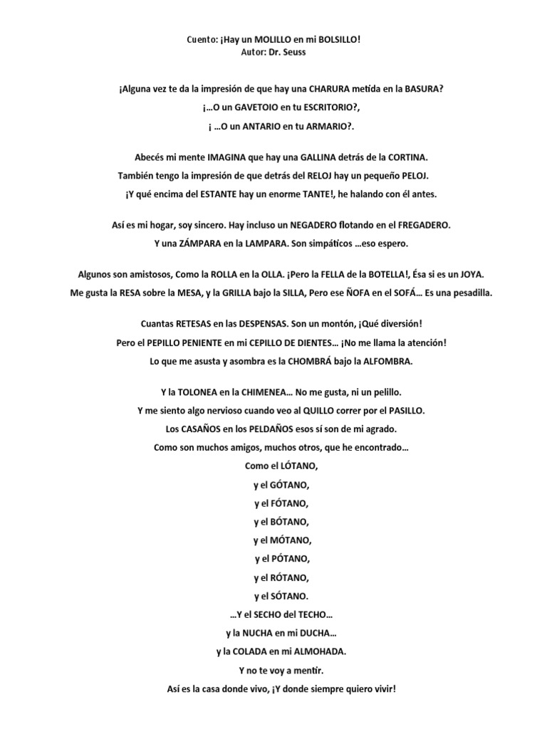 Cuento HAY UN MOLILLO EN MI BOLSILLO. DR - Seuss | PDF