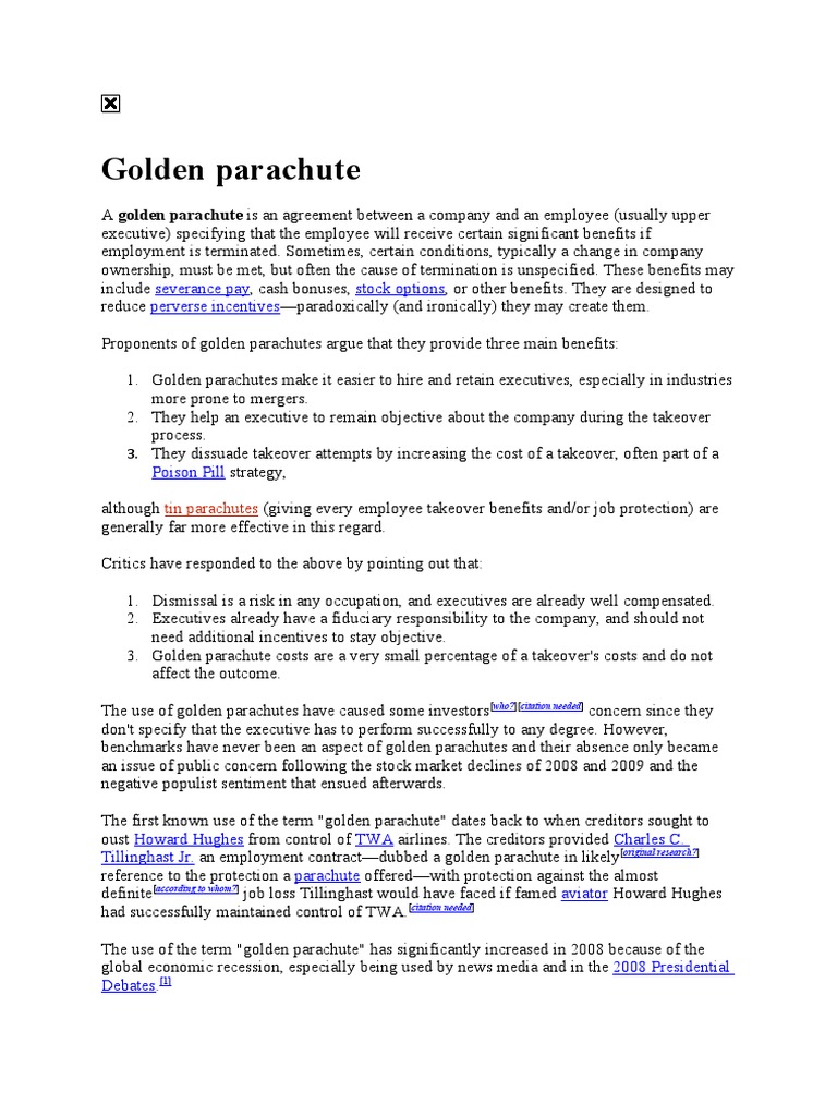 A Golden Parachute Is A Prearranged Contract With Managers Quizlet Shop ...