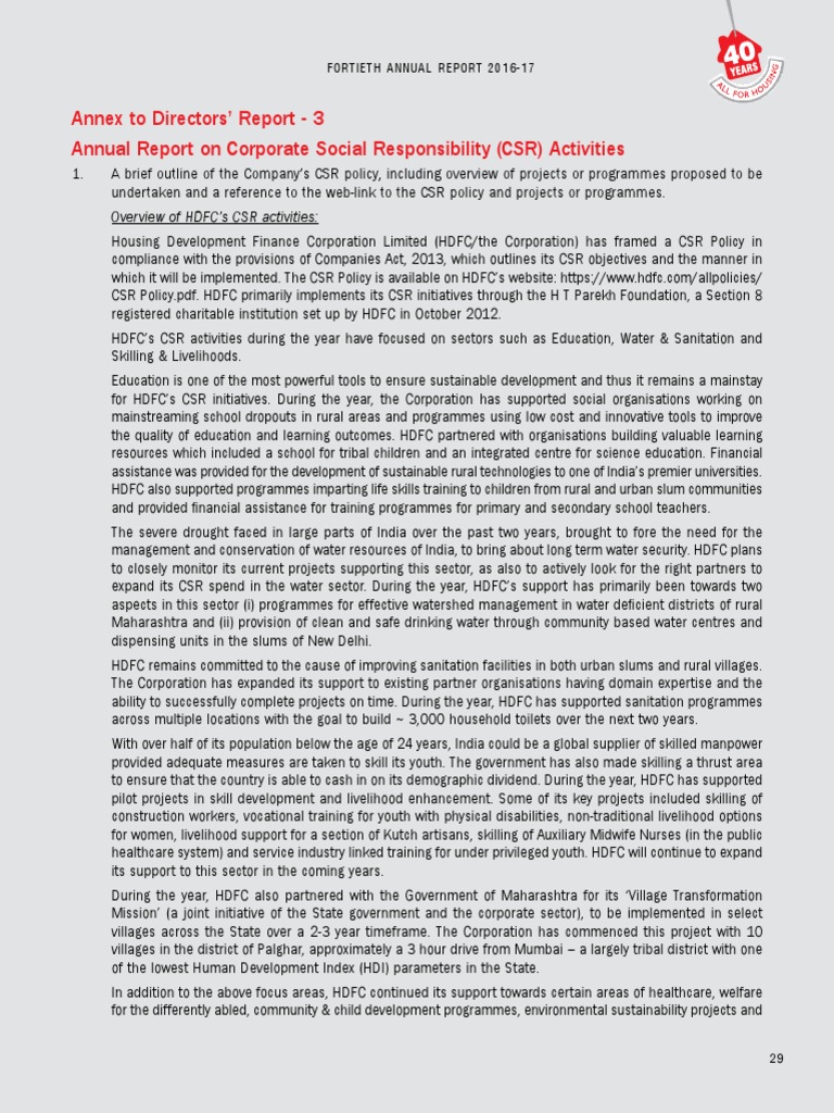 CSR HDFC Ar 2017 PDF | PDF | Corporate Social Responsibility | Slum
