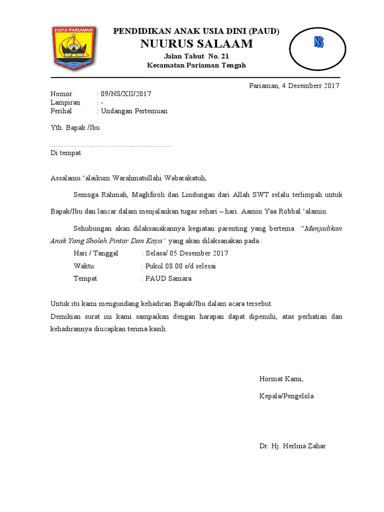 Undangan Parenting PAUD 5 Des 2017 | PDF