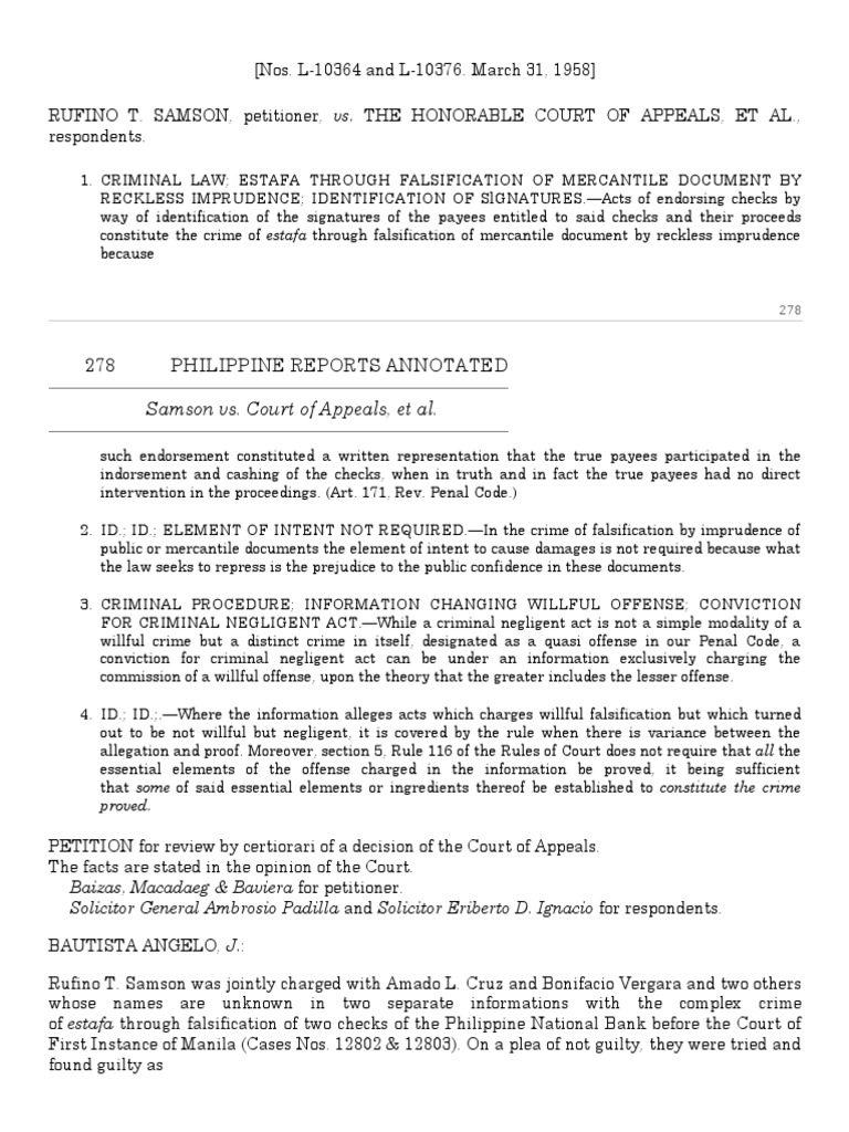 265 - Samson vs. Court of Appeals, Et Al. 103 Phil. 277, March 31, 1958 ...