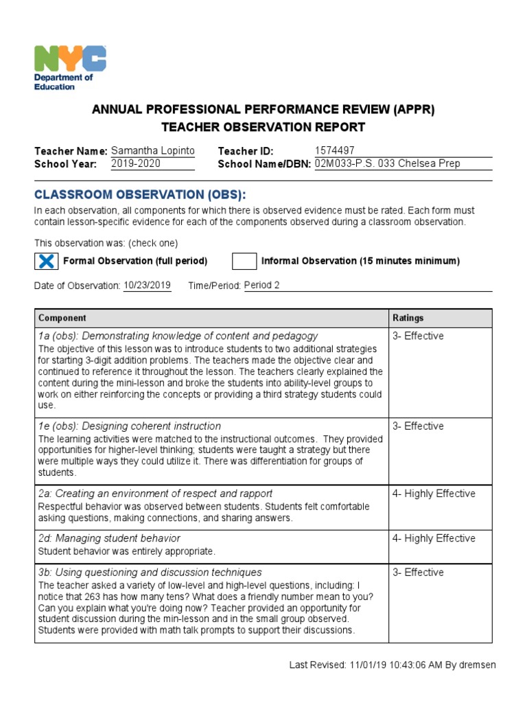 2019-2020 Math Observation Report | PDF | Pedagogy | Teachers