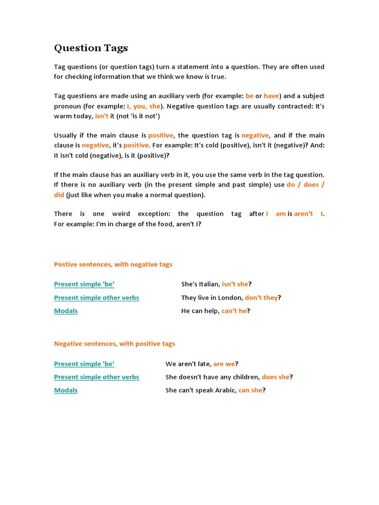 Understanding Question Tags: A Guide to Forming and Using Tag Questions in English | PDF ...