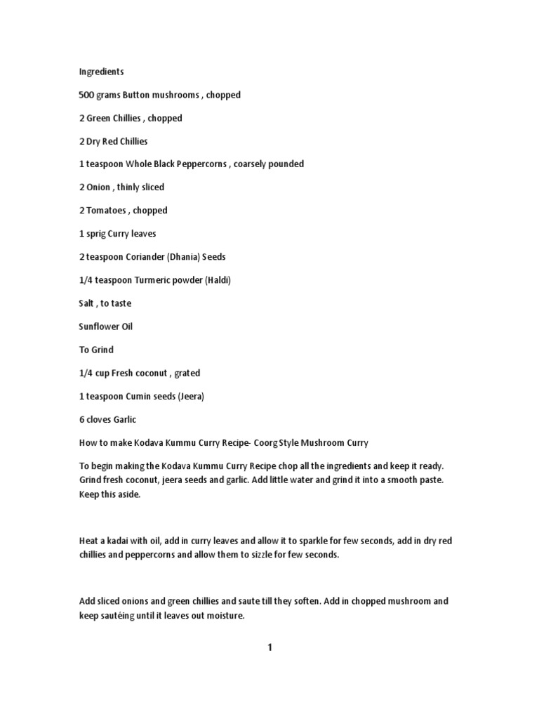 Kodava Kummu Curry Recipe- Coorg Style Mushroom Curry | PDF | Curry ...