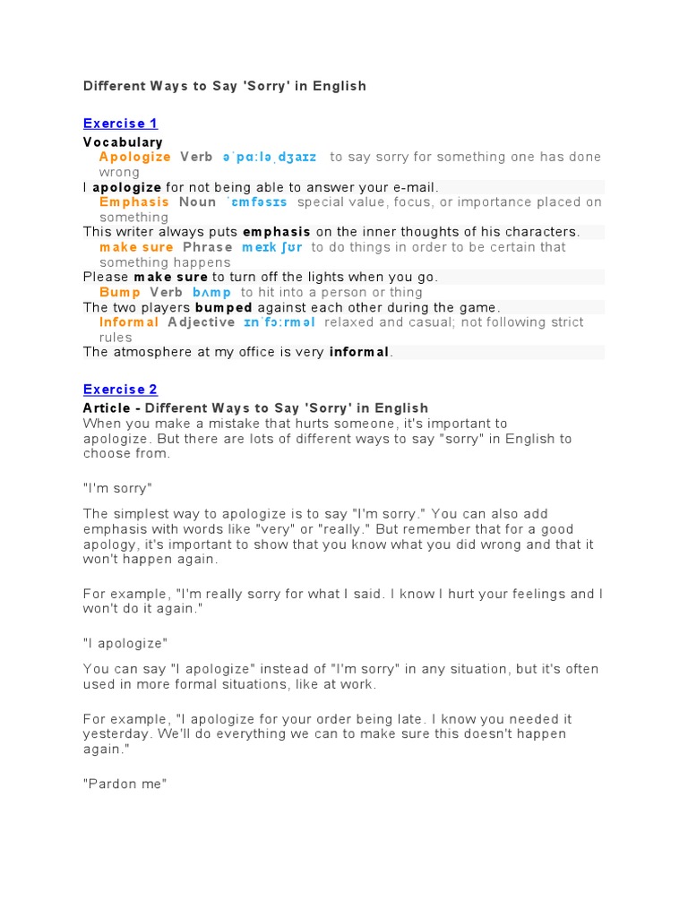 Different Ways To Say Sorry | PDF | English Language | Adjective