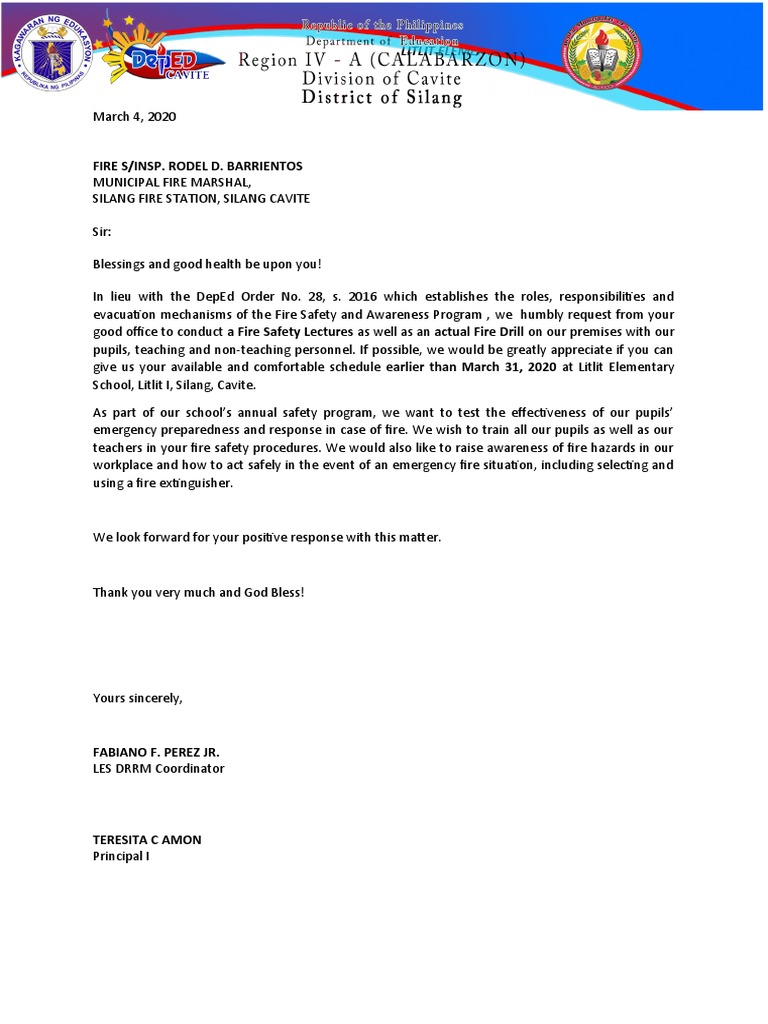 Request Letter For BFP Fire Drill Training Litlit | PDF