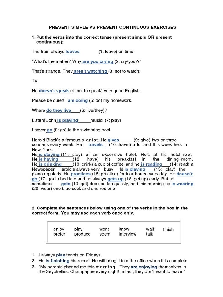 Present Simple vs. Progressive Exercises RESUELTO | PDF