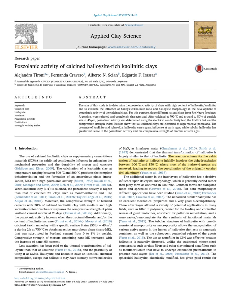 Pozzolanic Activity of Calcined Halloysite-Rich Kaolinitic Clays | PDF ...