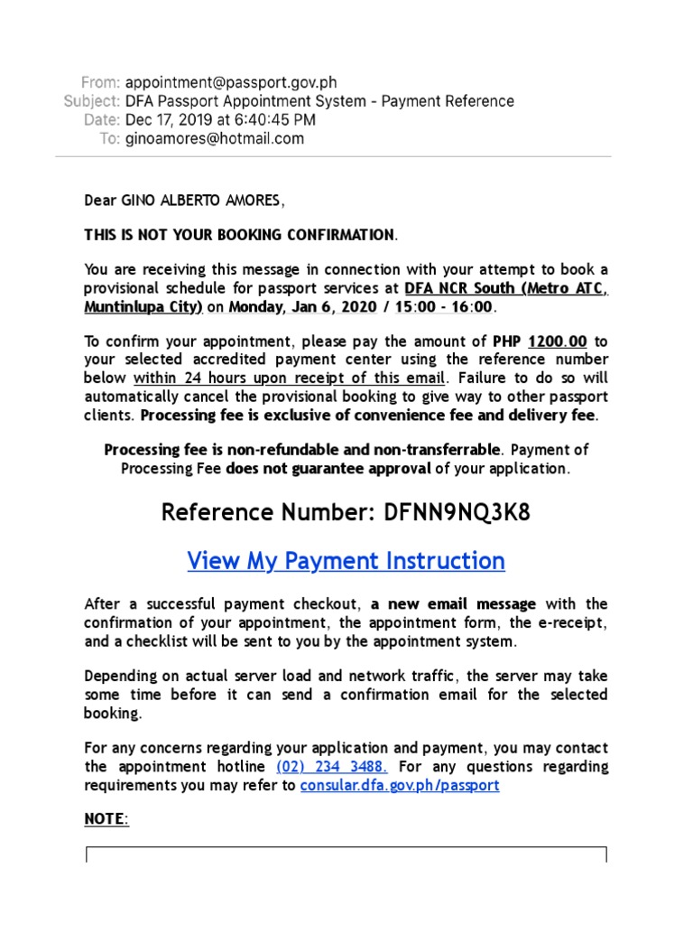 DFA Passport Appointment System - Payment Reference | PDF