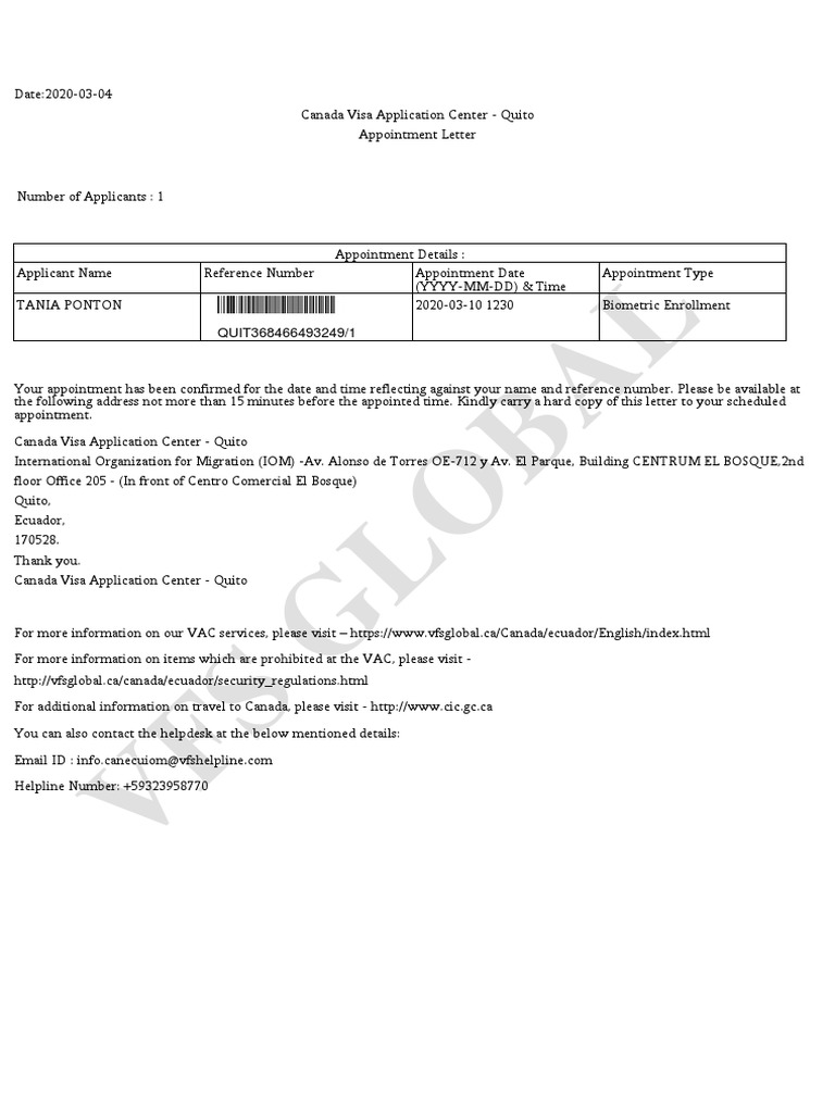 Canada Visa Biometric Appointment Confirmation | PDF | Social Science