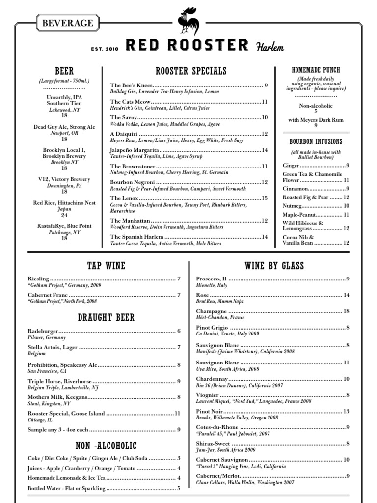 Red Rooster Drink Menu Overview | PDF