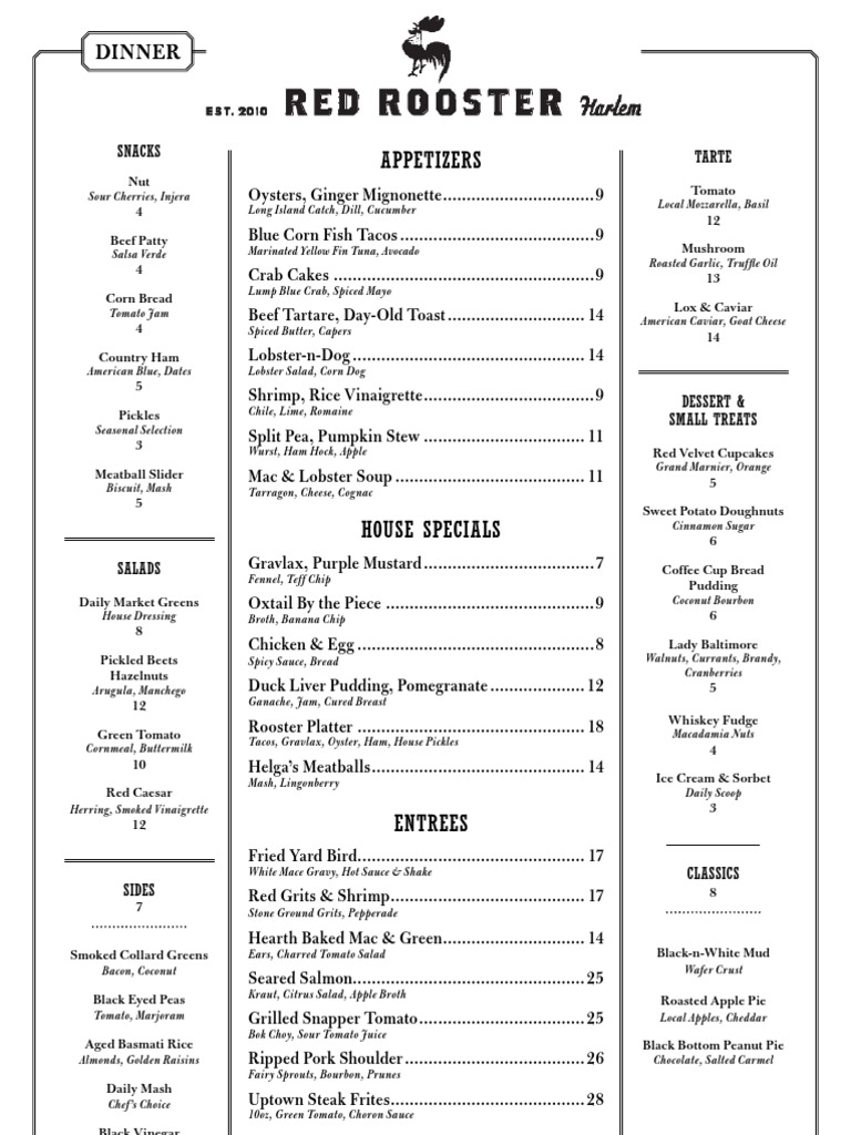 Red Rooster Menu