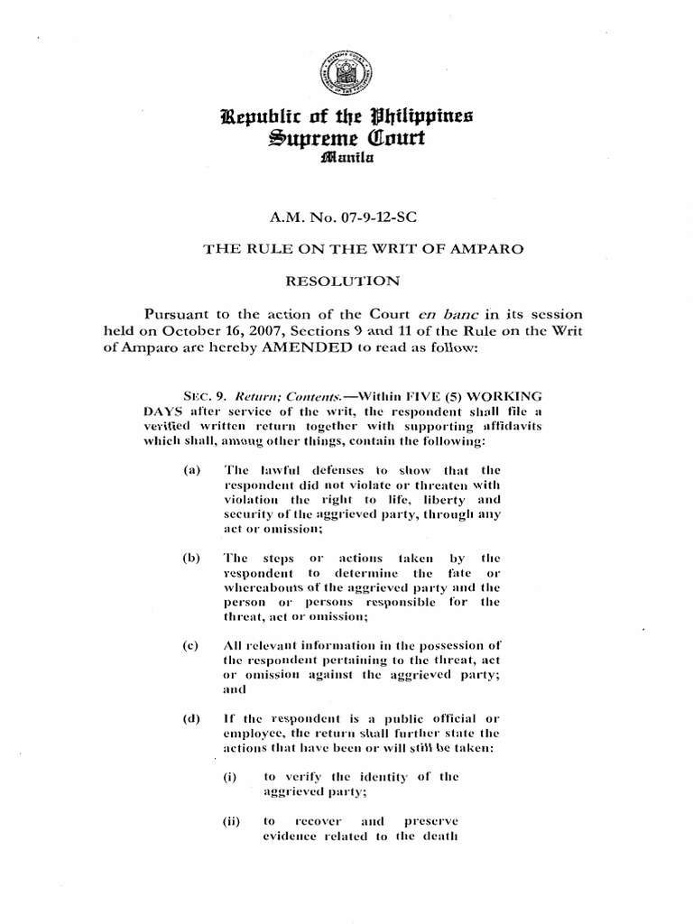 Amparo Writ Rule Amendments 2007 | PDF | Pleading | Judiciaries