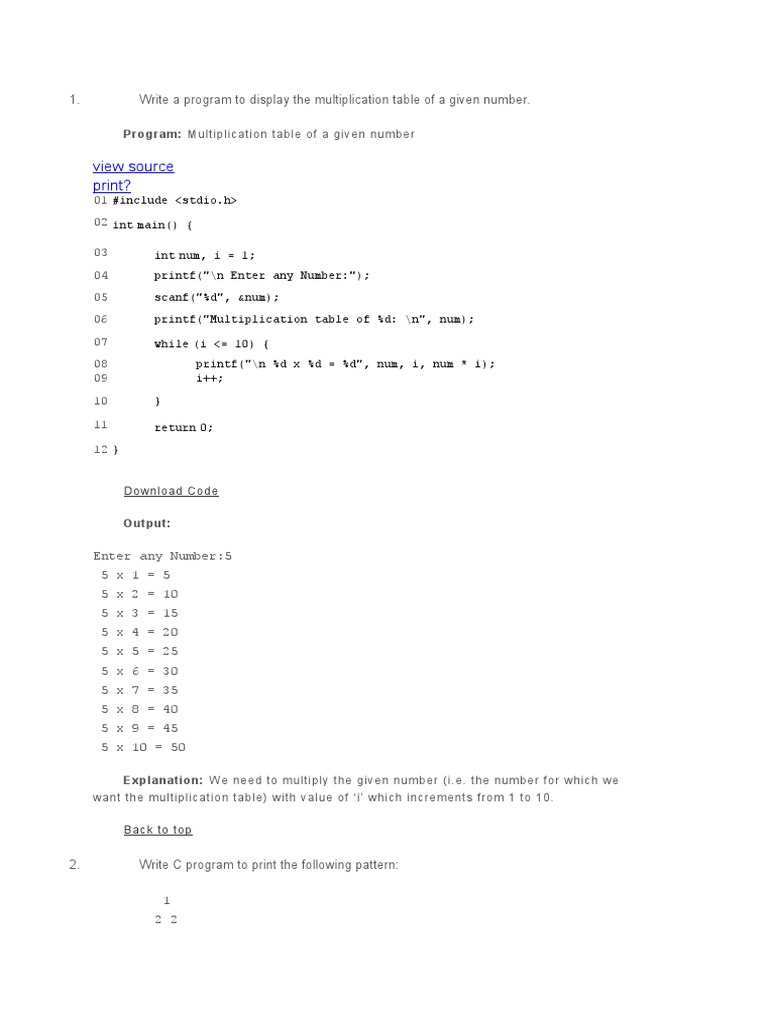 Write A Program To Display The Multiplication Table of A Given Number | PDF | Pointer (Computer ...