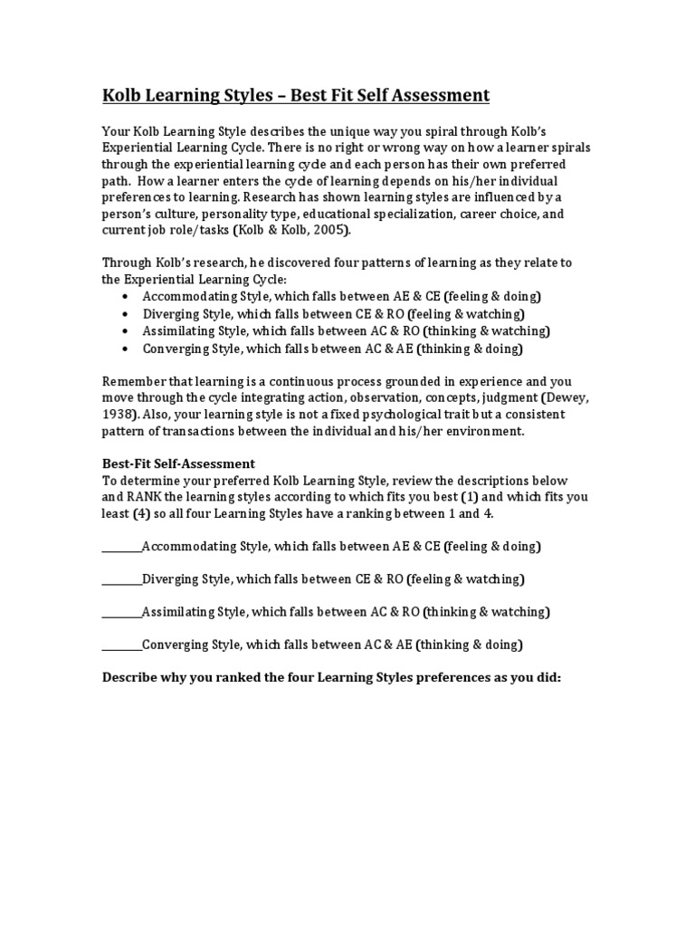 Kolb Learning Styles Best Fit Self Assessment | PDF | Learning Styles ...