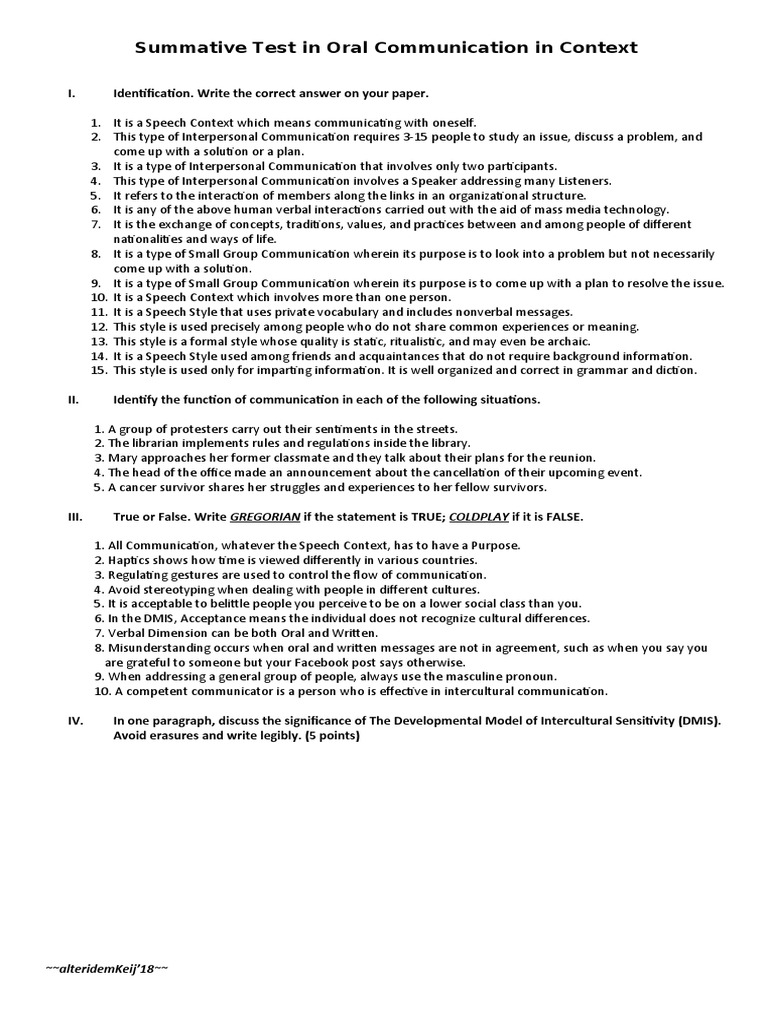 Oral Communication Summative Test Guide | PDF | Interpersonal ...