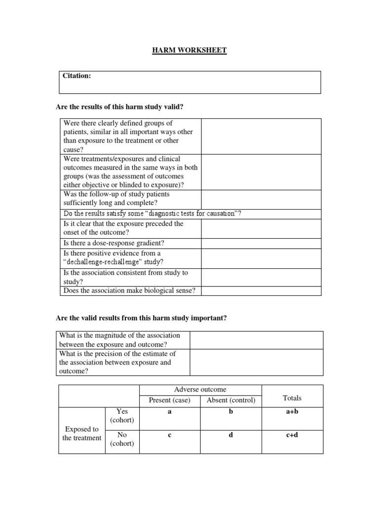 Harm Etiology CEBM Oxford Appraisal Worksheet PDF