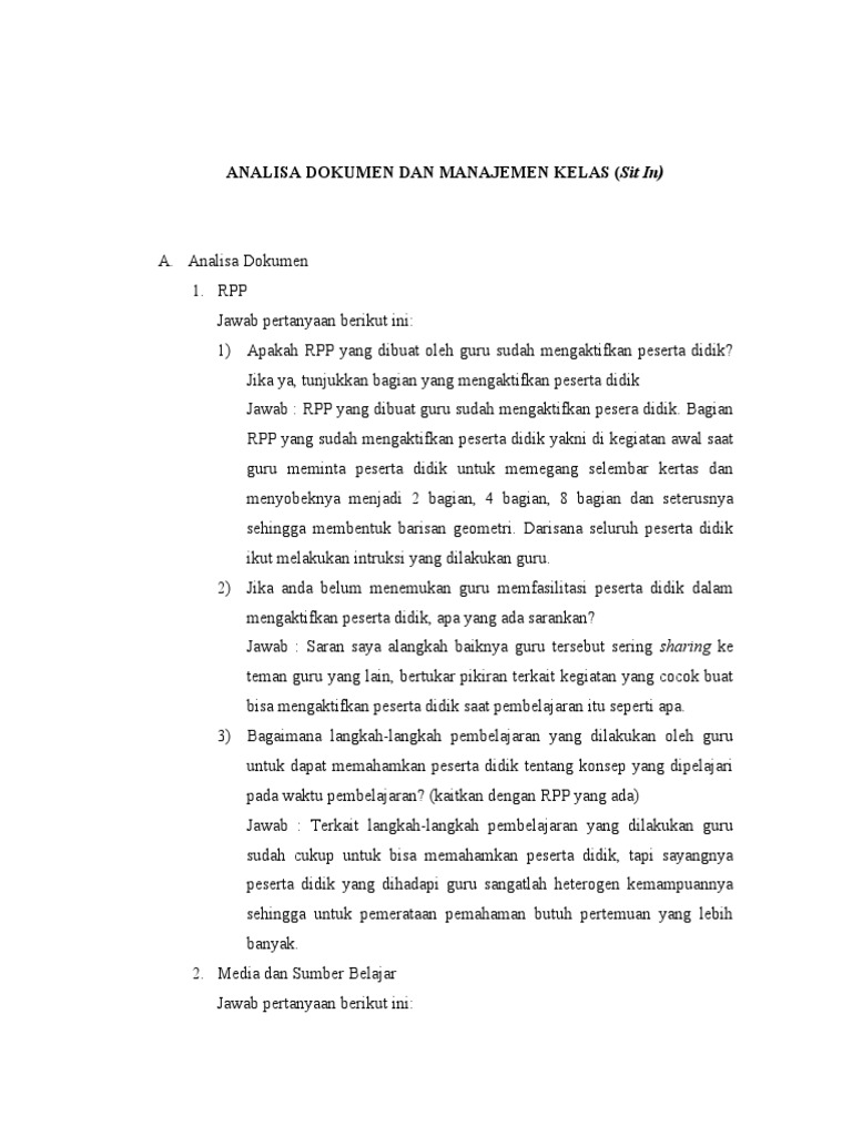 Analisa Dokumen Dan Manajemen Kelas | PDF | Pengembangan Diri