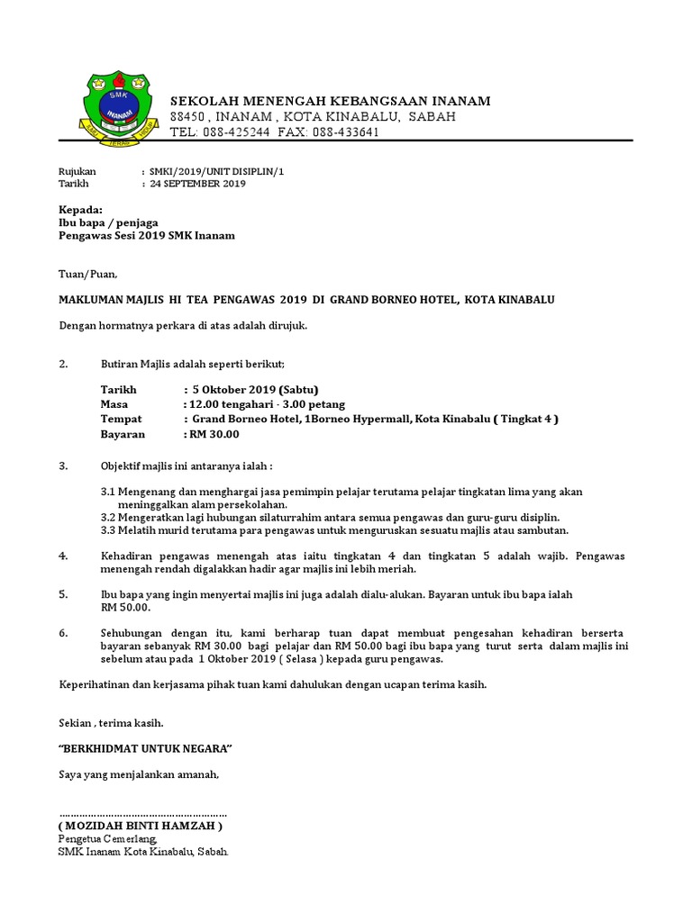 Surat Jemputan Hi-Tea Pengawas | PDF