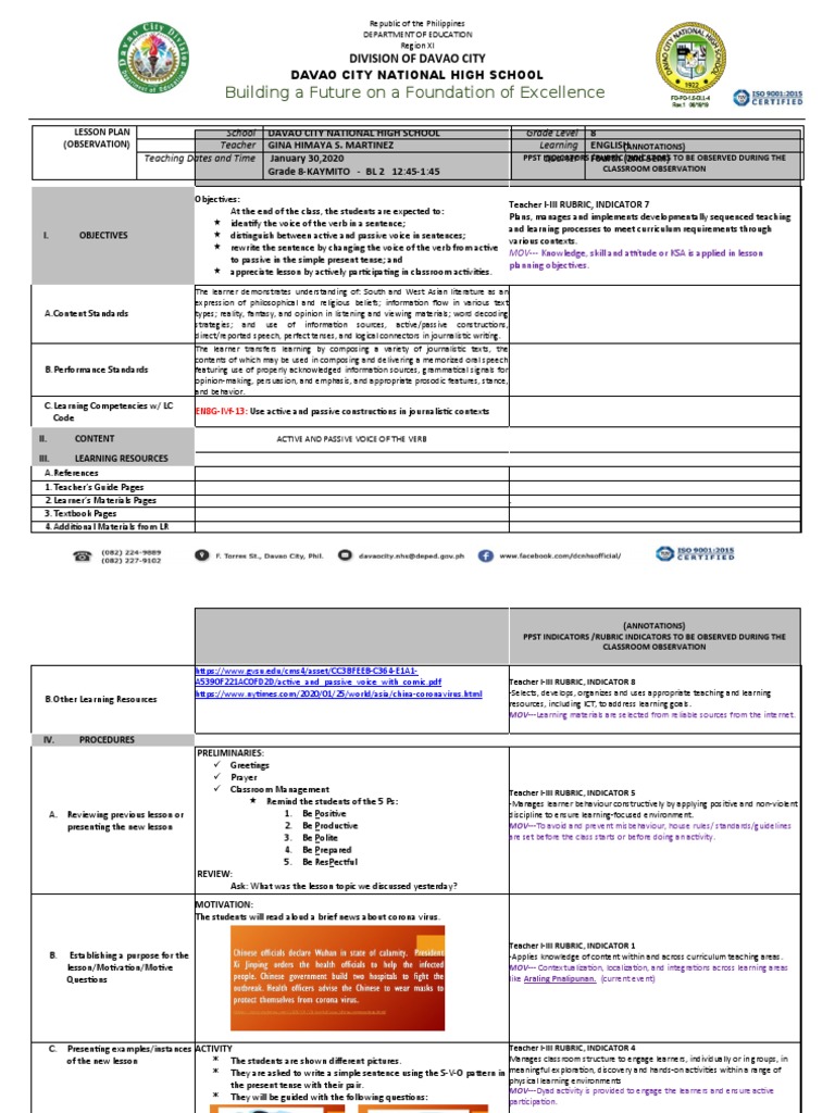 Grade 8 Lesson Plan: Active & Passive Voice | PDF | Teachers | Rubric ...