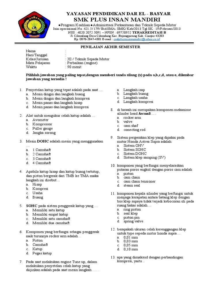 Soal Pas TSM Kelas Xi Pemeliharaan Mesin (Ganjil) | PDF
