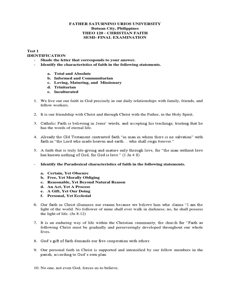 Semi Final Exam | PDF | Faith | Jesus