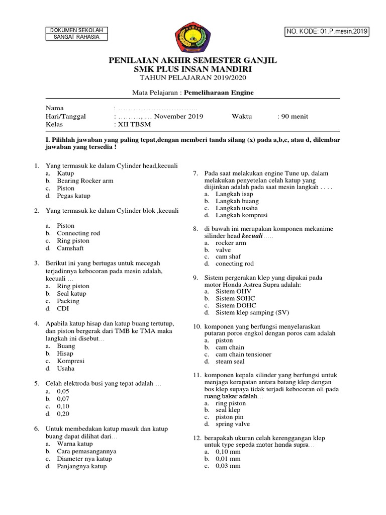 Soal Pas Ganjil Kelas Xii TBSM Pemeliharaan Mesin | PDF