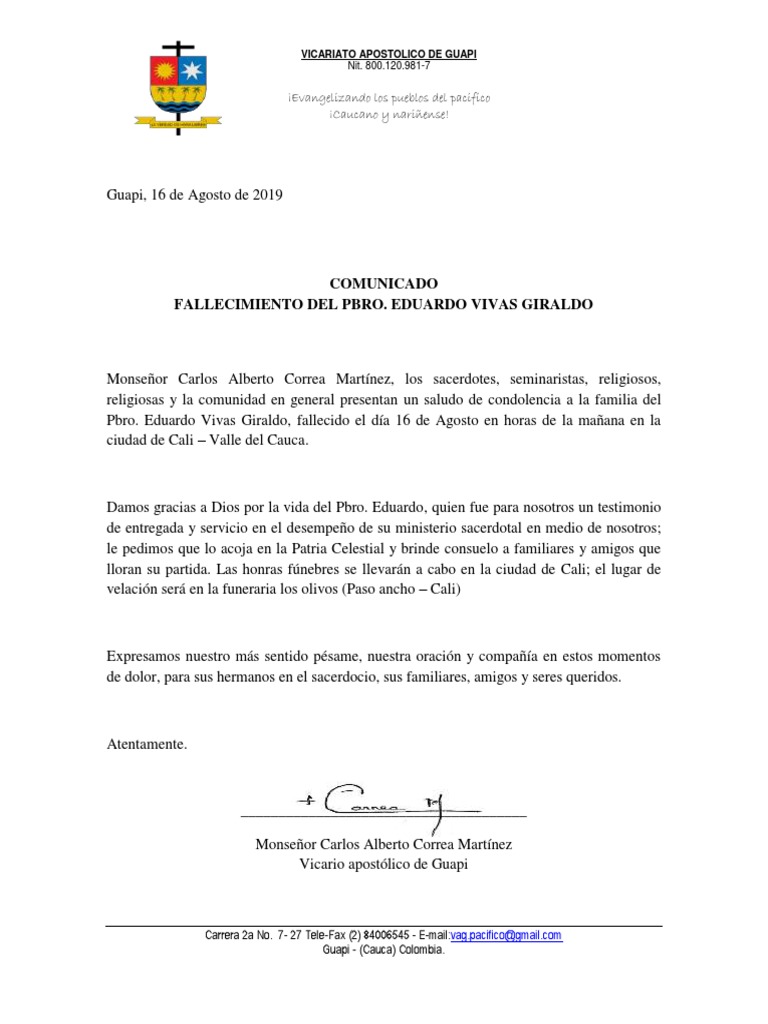 Comunicado de Fallecimiento Pbro. Eduardo Vivas 1 | PDF
