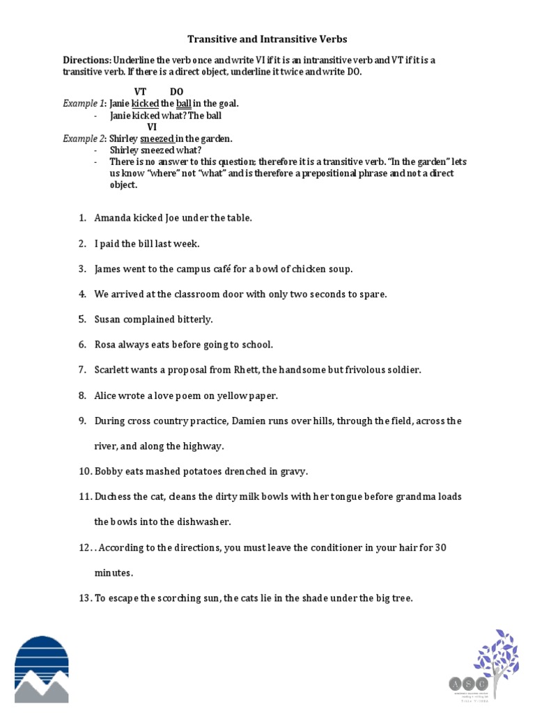 Transitive Verbs Worksheets Transitive And Intransitive Verbs