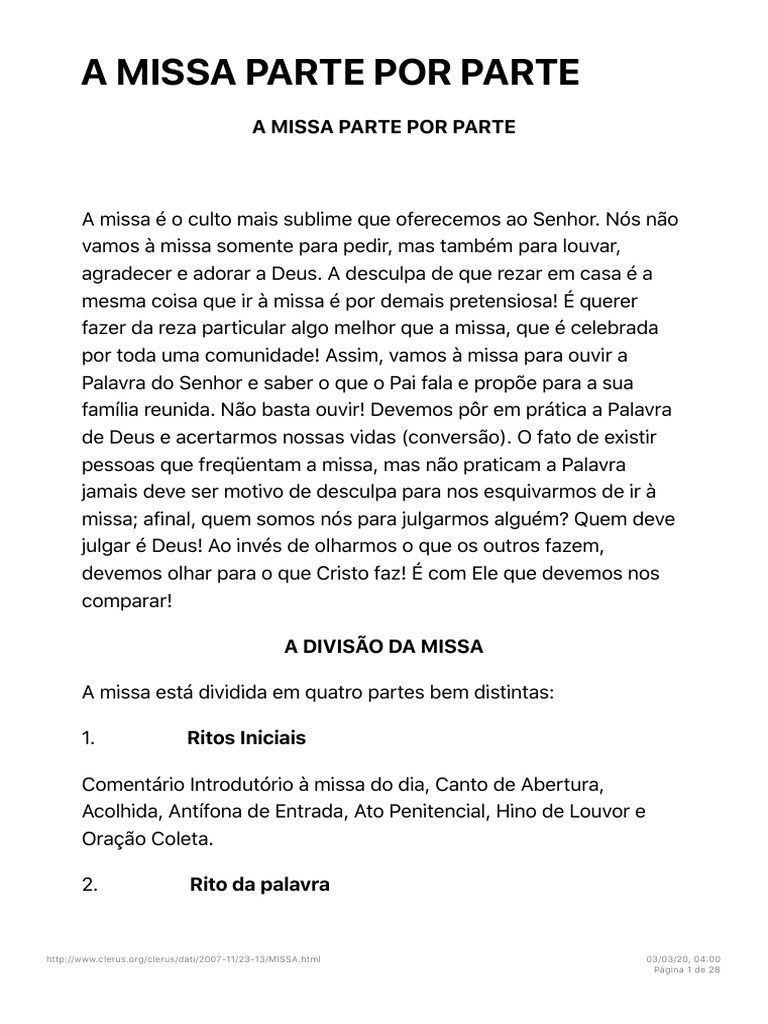 A Missa Parte Por Parte 1 PDF | PDF | Missa (liturgia) | Eucaristia