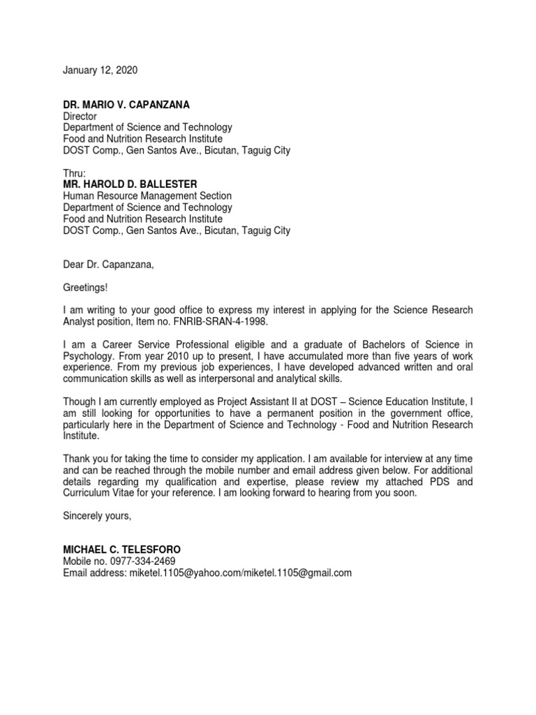 Application Letter - DOST-FNRI | PDF