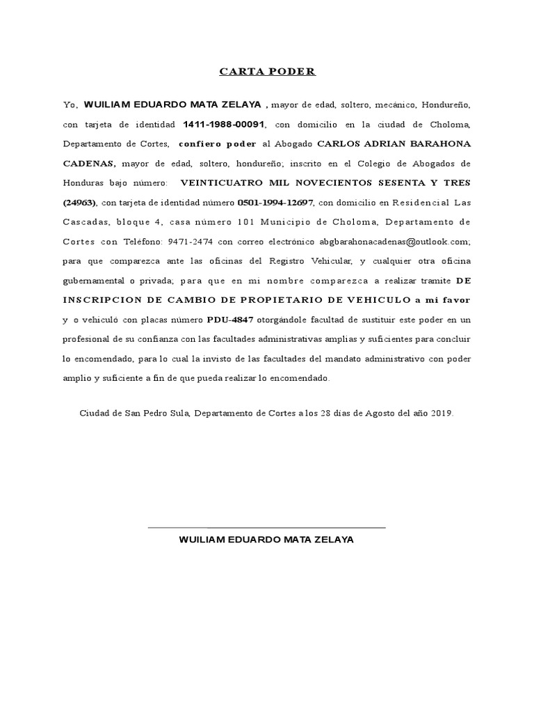 CARTA PODER (Traspaso) | PDF