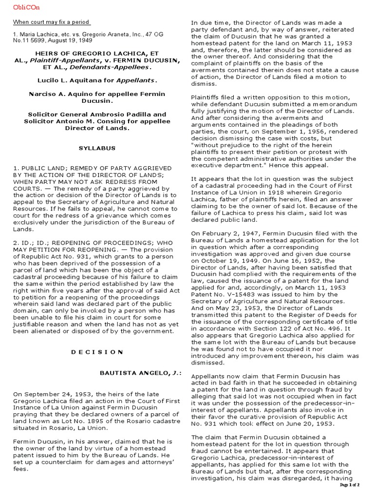 Maria Lachica, Etc. vs. Gregorio Araneta, Inc., 47 OG No.11 5699 ...