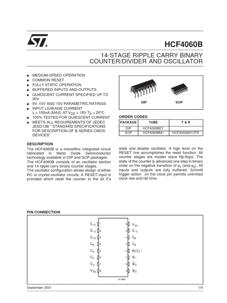 HCF4060B 14-Stage Ripple Carry Binary Counter/divider and Oscillator | PDF | Volt | Electronic ...