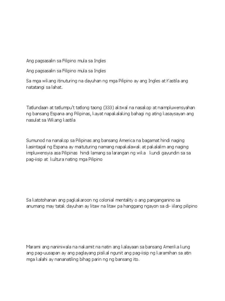OUTLINE REPORT PAGSASALIN Ang Pagsasalin Sa Filipino Mula Sa Ingles | PDF