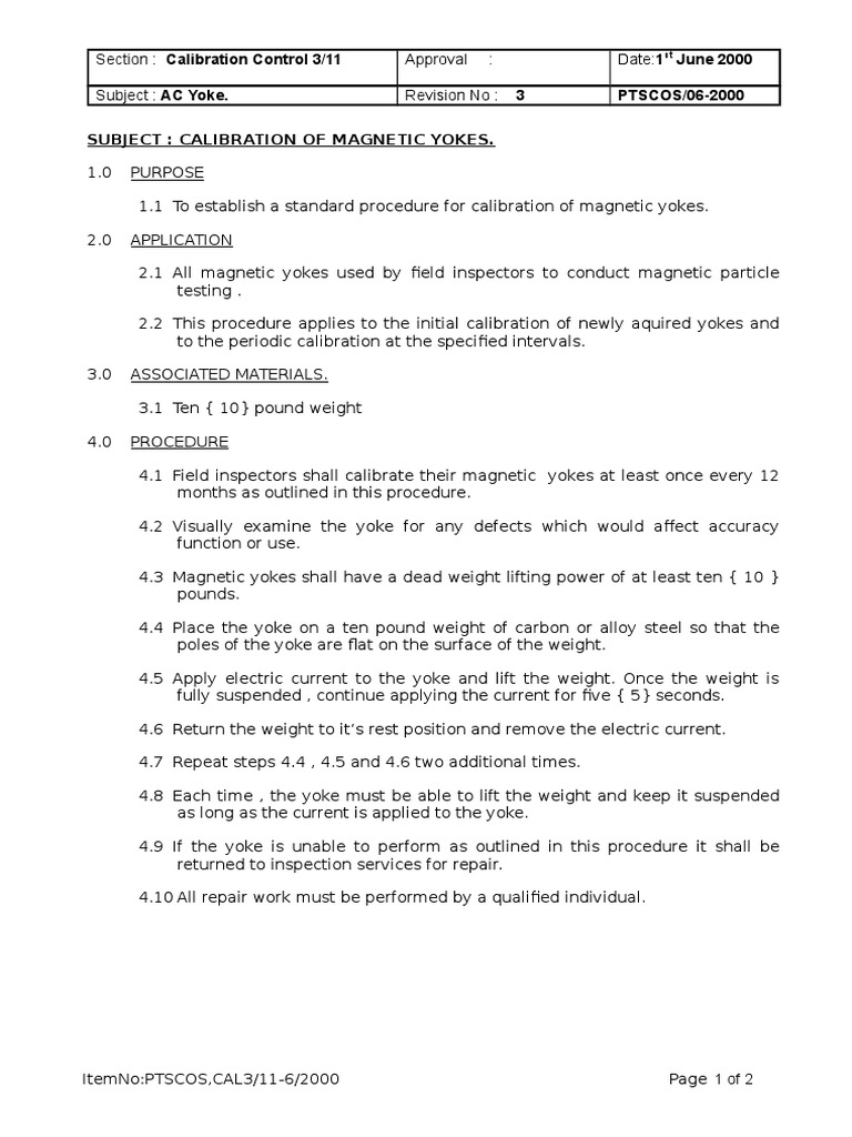 Calibrating Magnetic Yokes Procedure | PDF | Calibration | Weight
